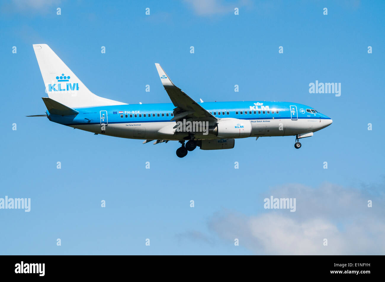 Side view of a Boeing 737 plane of KLM Royal Dutch Airlines on approach ...