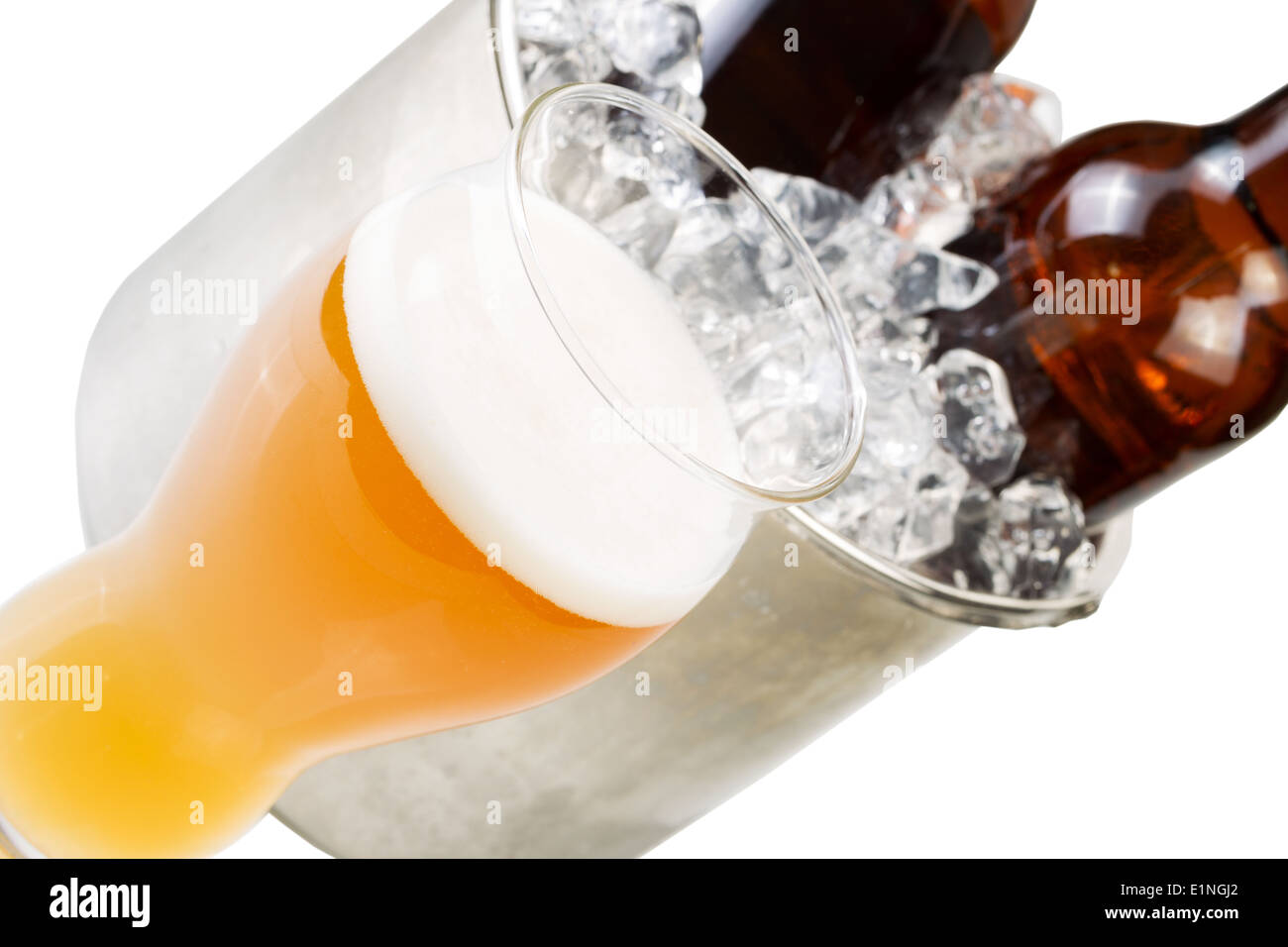 Closeup angled horizontal photo of freshly poured beer in large glass ...