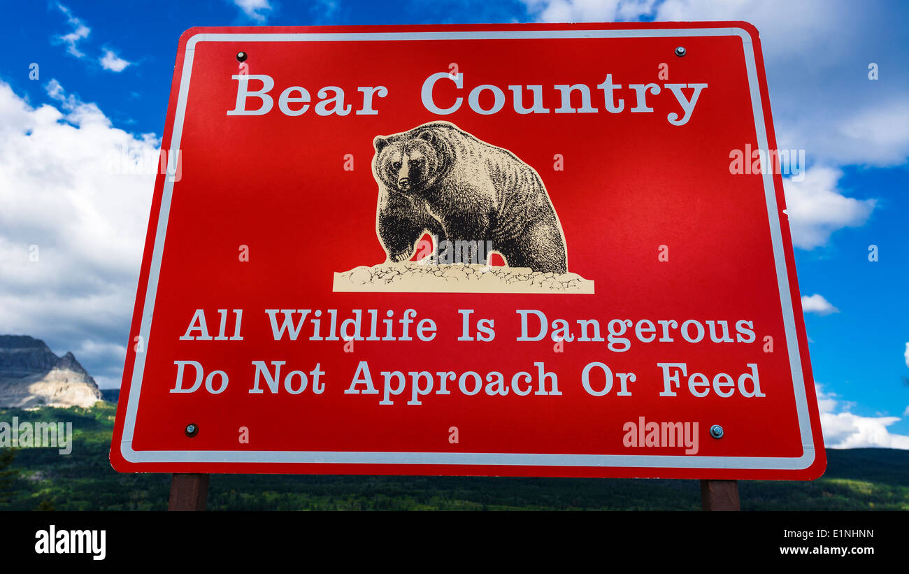 Bear country warning sign, Glacier National Park, Montana USA Stock ...
