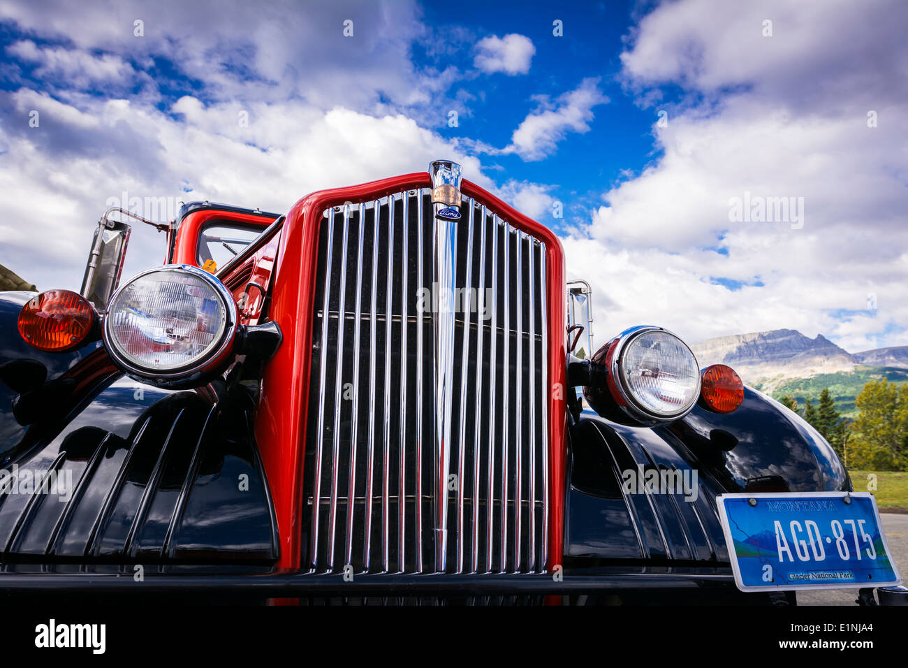 Historic Glacier Red Bus detail, Glacier National Park, Montana USA ...
