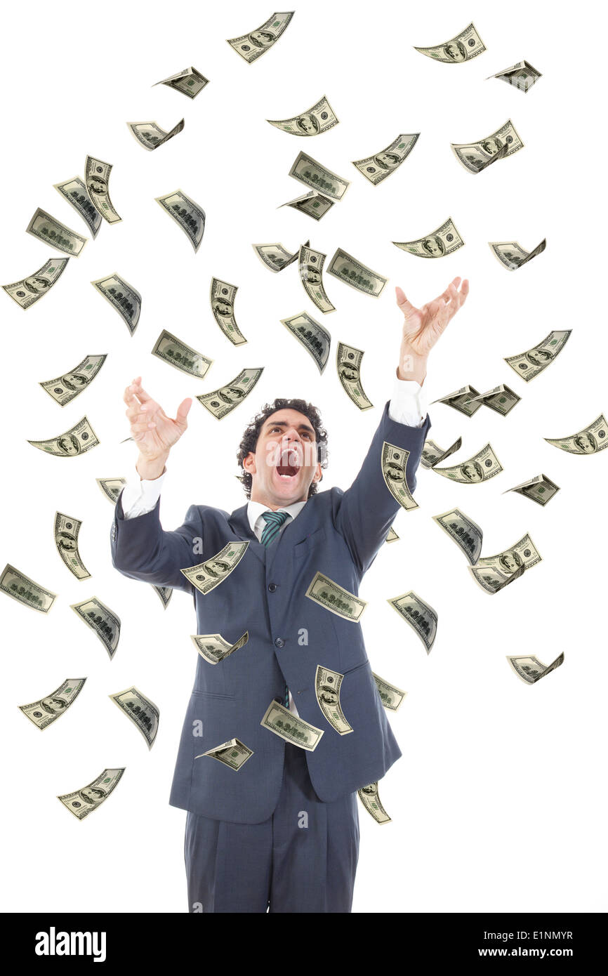 business man catching falling dollars banknotes and screaming, angry ...