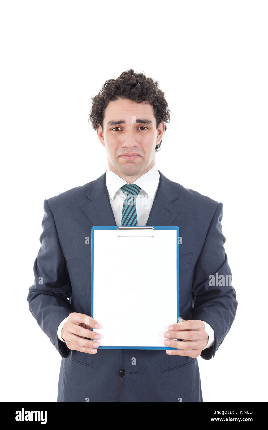 sad man holding blank white card with space for text, worried business ...