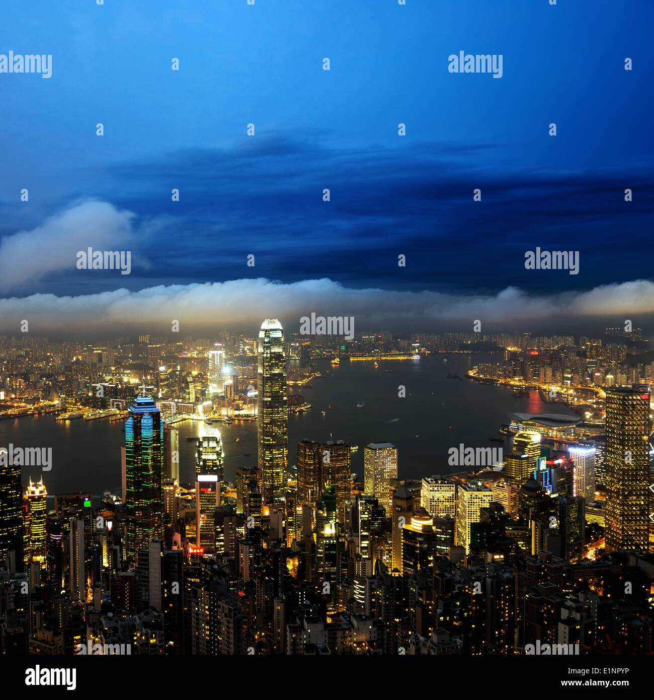 Hong Kong central district skyline and Victoria Harbour view at night ...