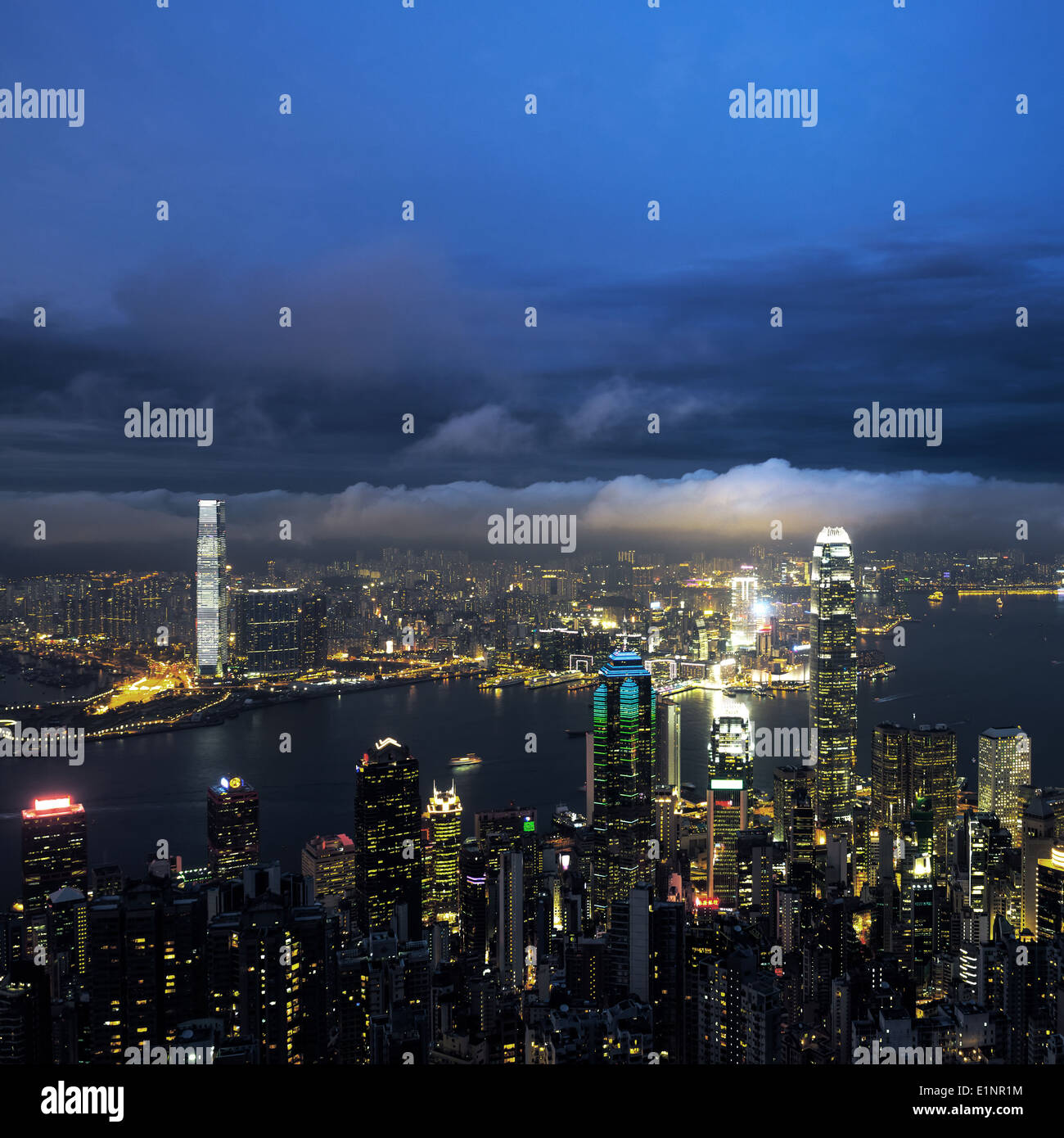 Hong Kong central district skyline and Victoria Harbour view at night ...