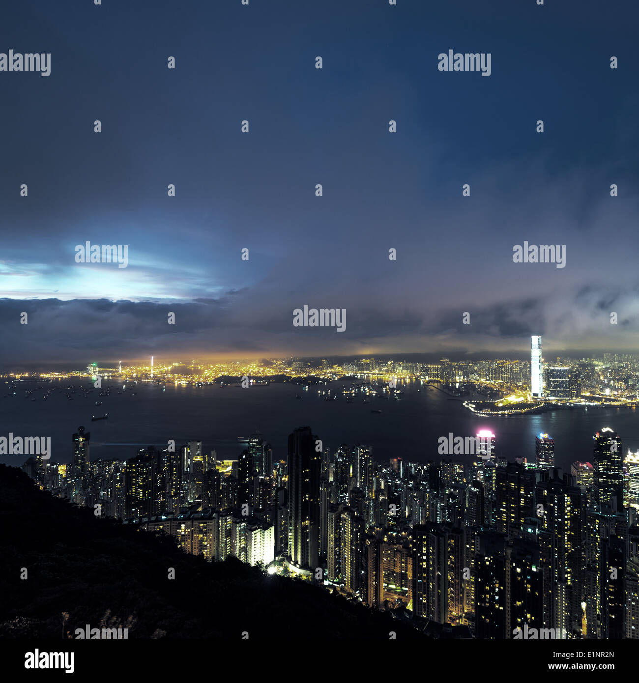 Hong Kong central district skyline and Victoria Harbour view at night ...