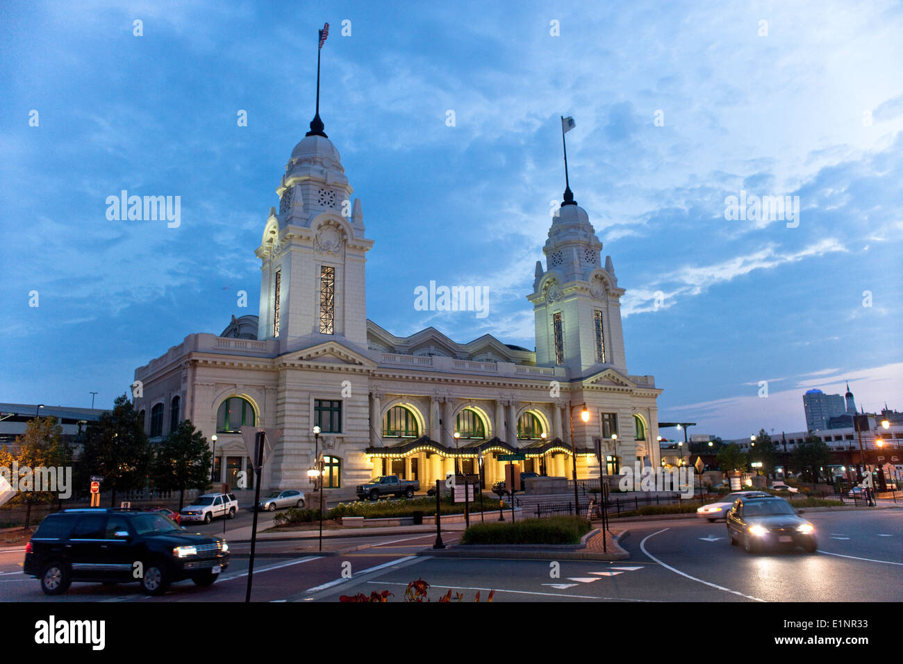 Night time photograph of Union Station in Worcester, Massachusetts ...