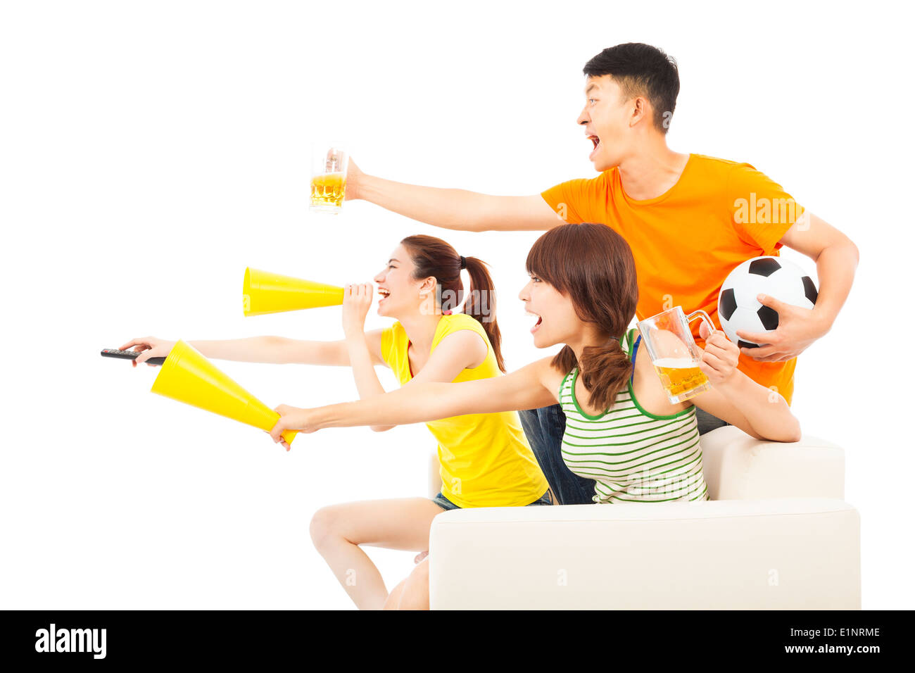 young people so excited to yelling and while watching soccer game Stock ...