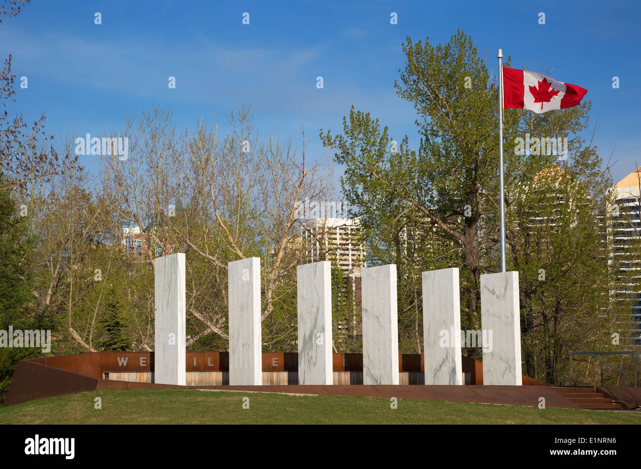 Canadian flag flying over Calgary Soldiers' Memorial, part of the city ...