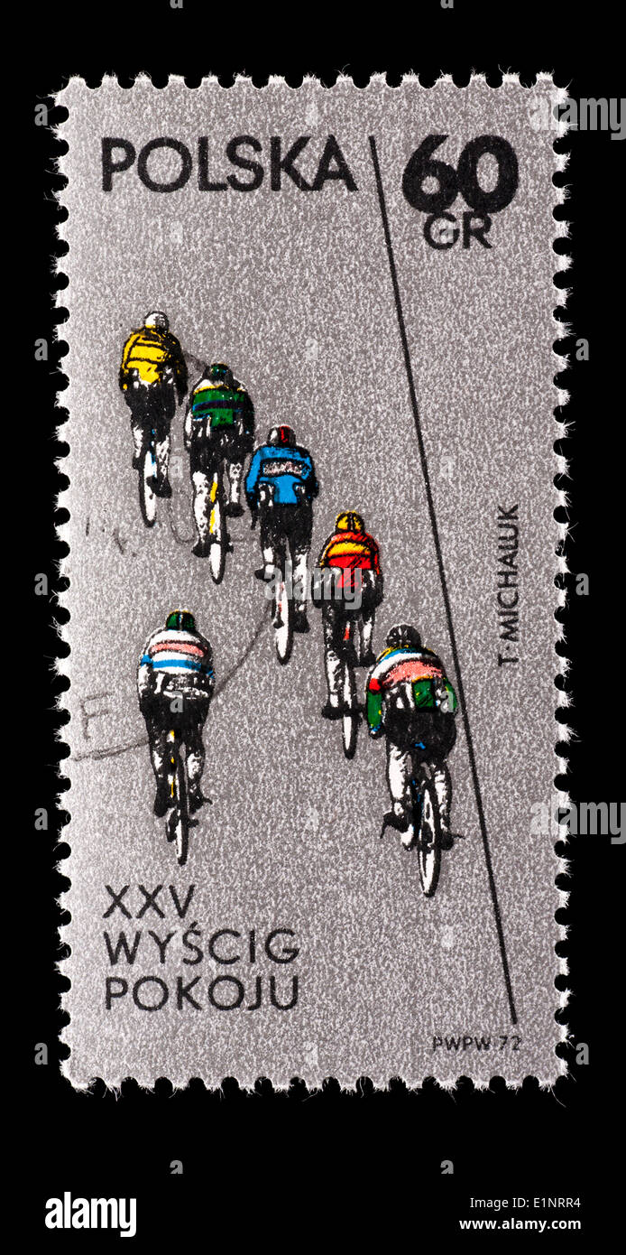 Postage stamp from Poland depicting cyclists in a rotating paceline ...