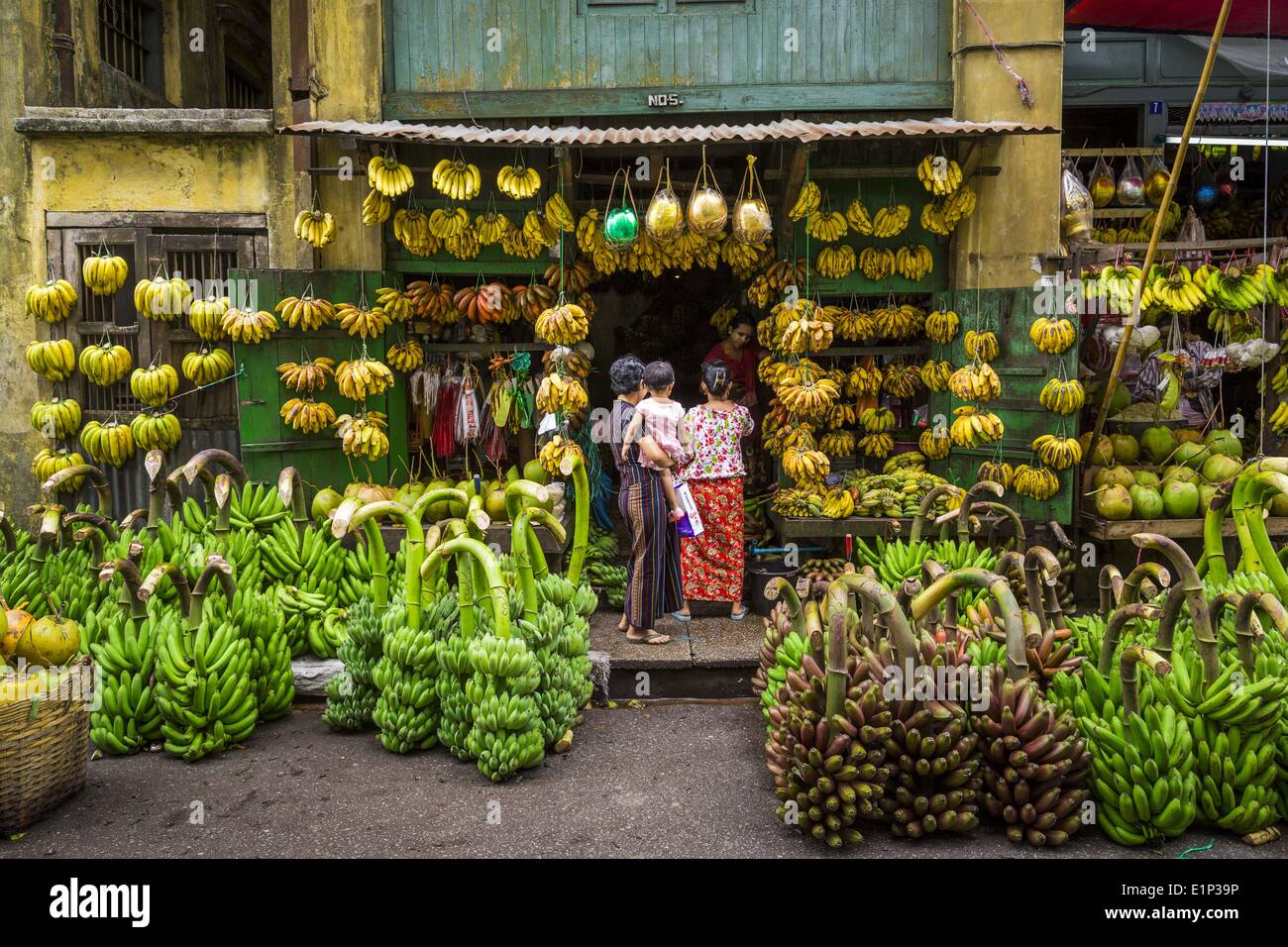 Yangon, Yangon Region, Myanmar. 8th June, 2014. A banana shop in a ...