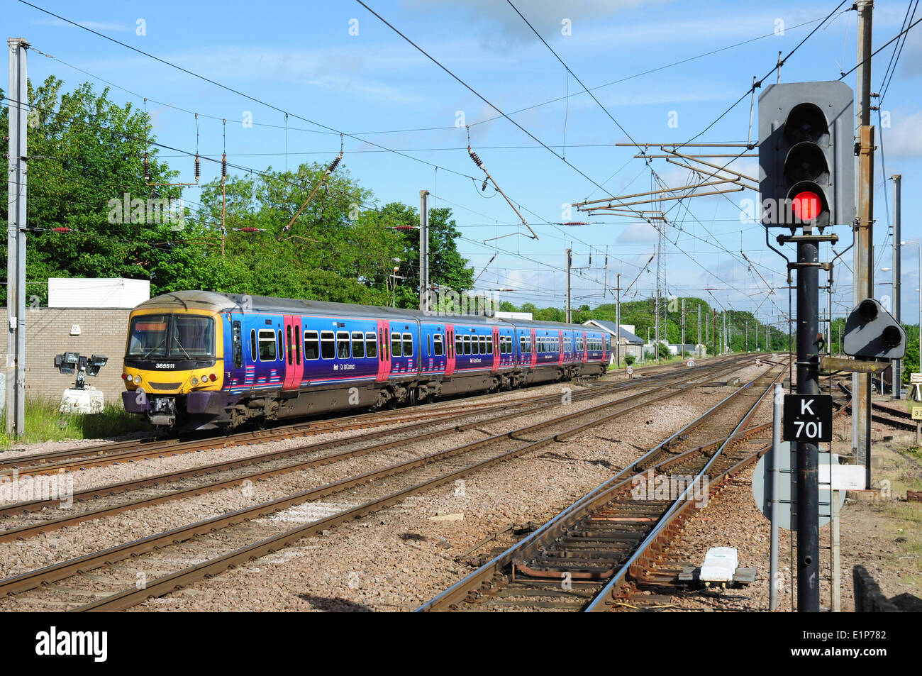 Class 365 DMU heads north from Hitchin, Hertfordshire, England, UK ...