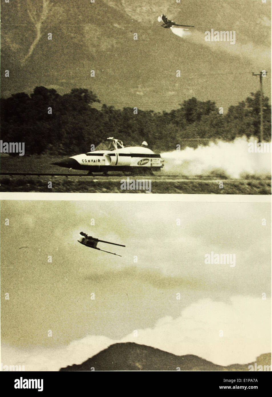 This image from the 1950s shows a test of an ejection seat system, an ...
