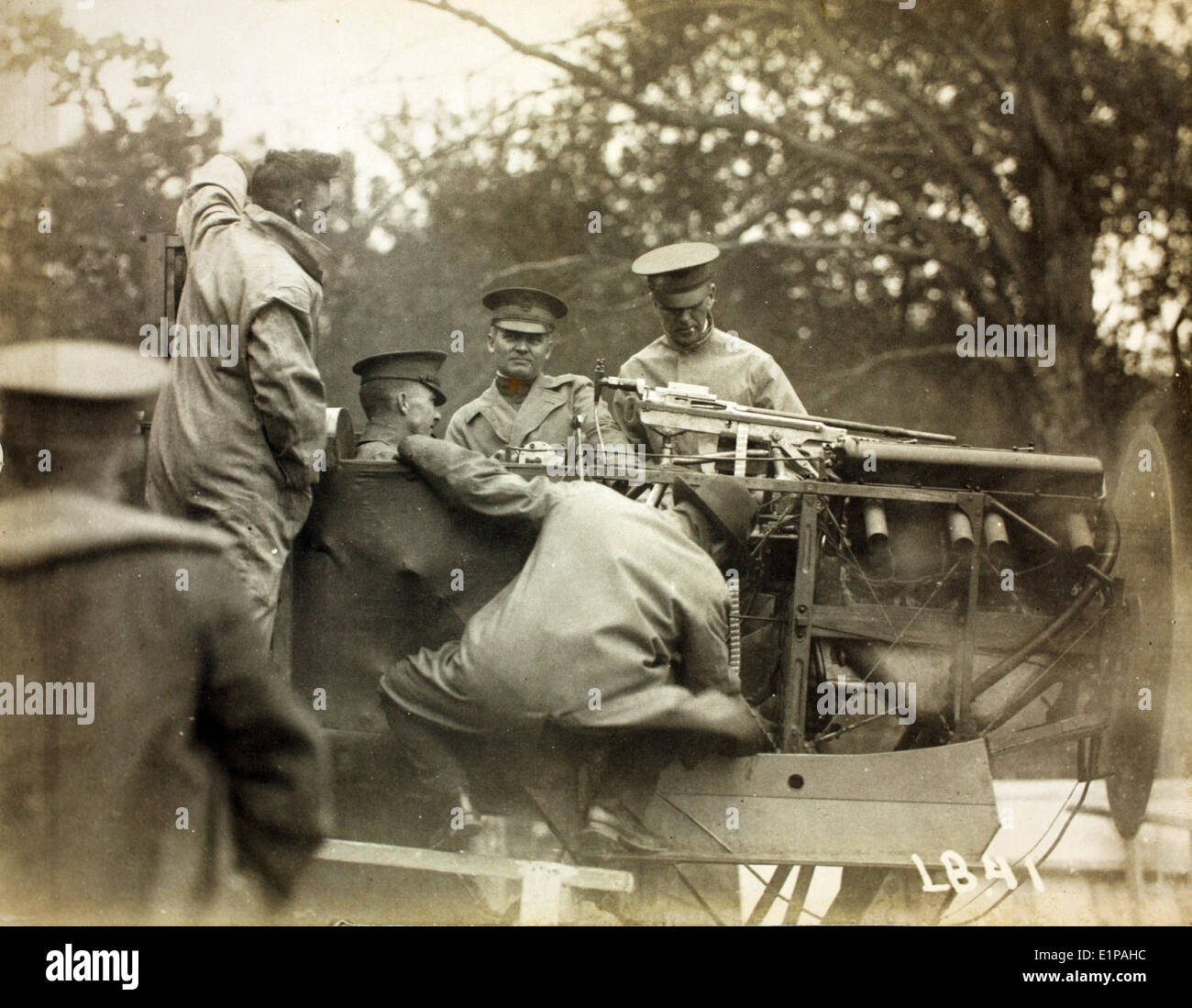 This image from 1914-1918 shows a gun synchronization test, an ...
