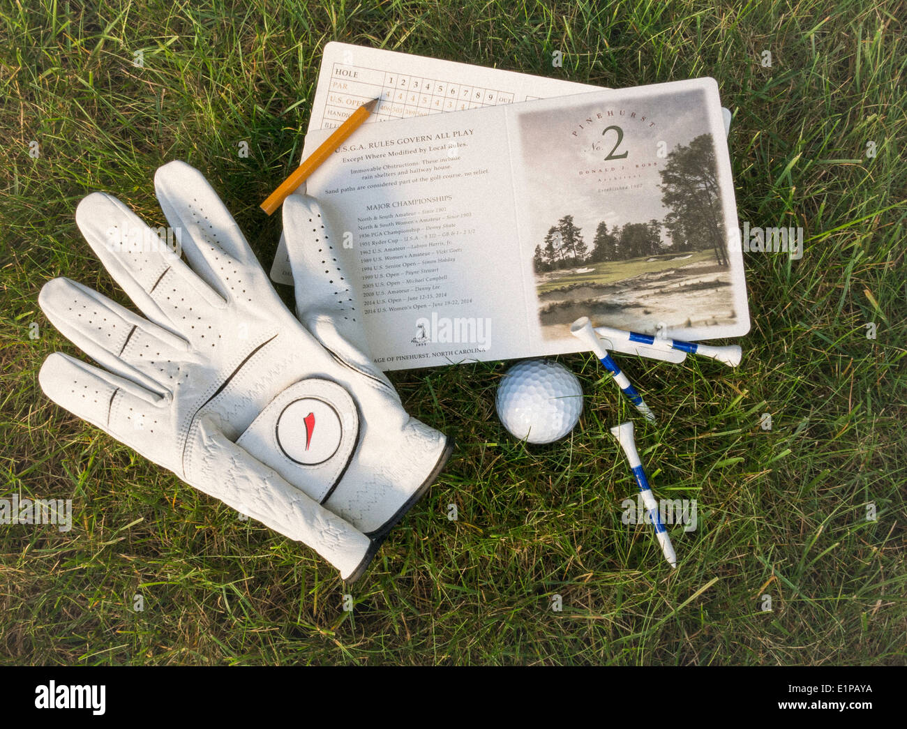 Golf Equipment and Scorecard for Pinehurst No. 2, USA Pinehurst, North ...