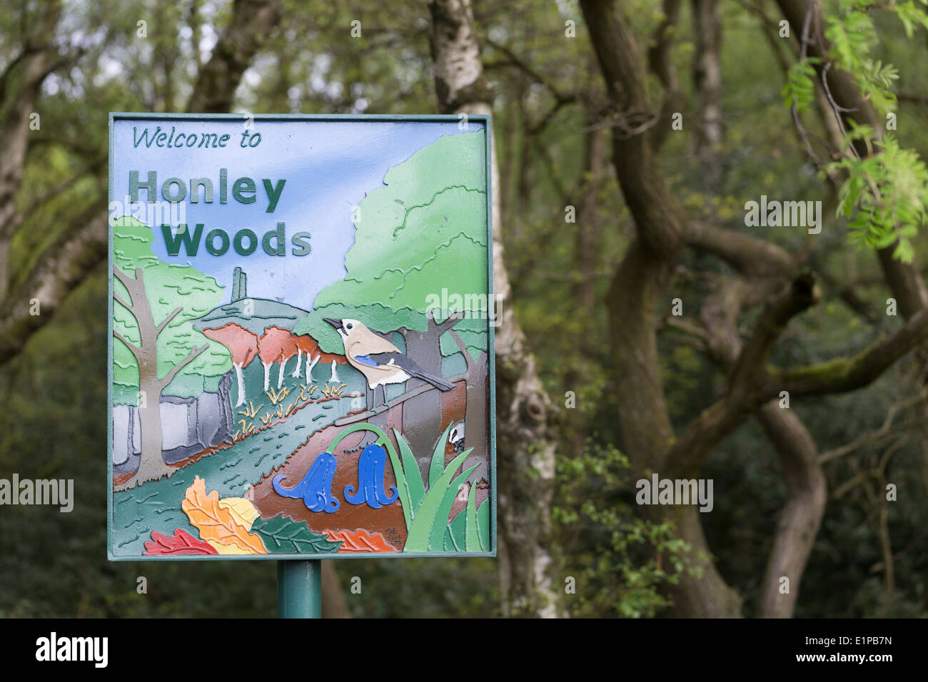 UK, Honley, Honley Woods sign by Cate Clark 2008 Stock Photo - Alamy