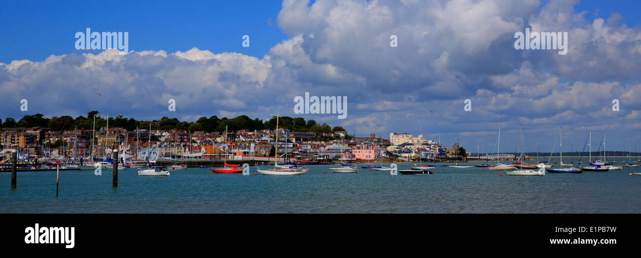 Cowes harbour Isle of Wight with boats and blue sky and clouds panorama ...