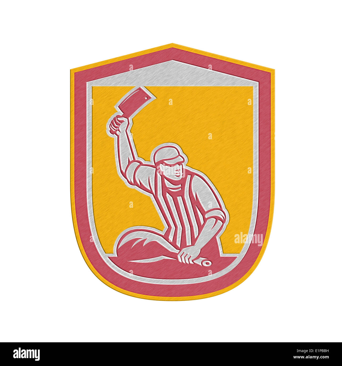 Metallic styled illustration of a butcher cutter worker holding meat ...