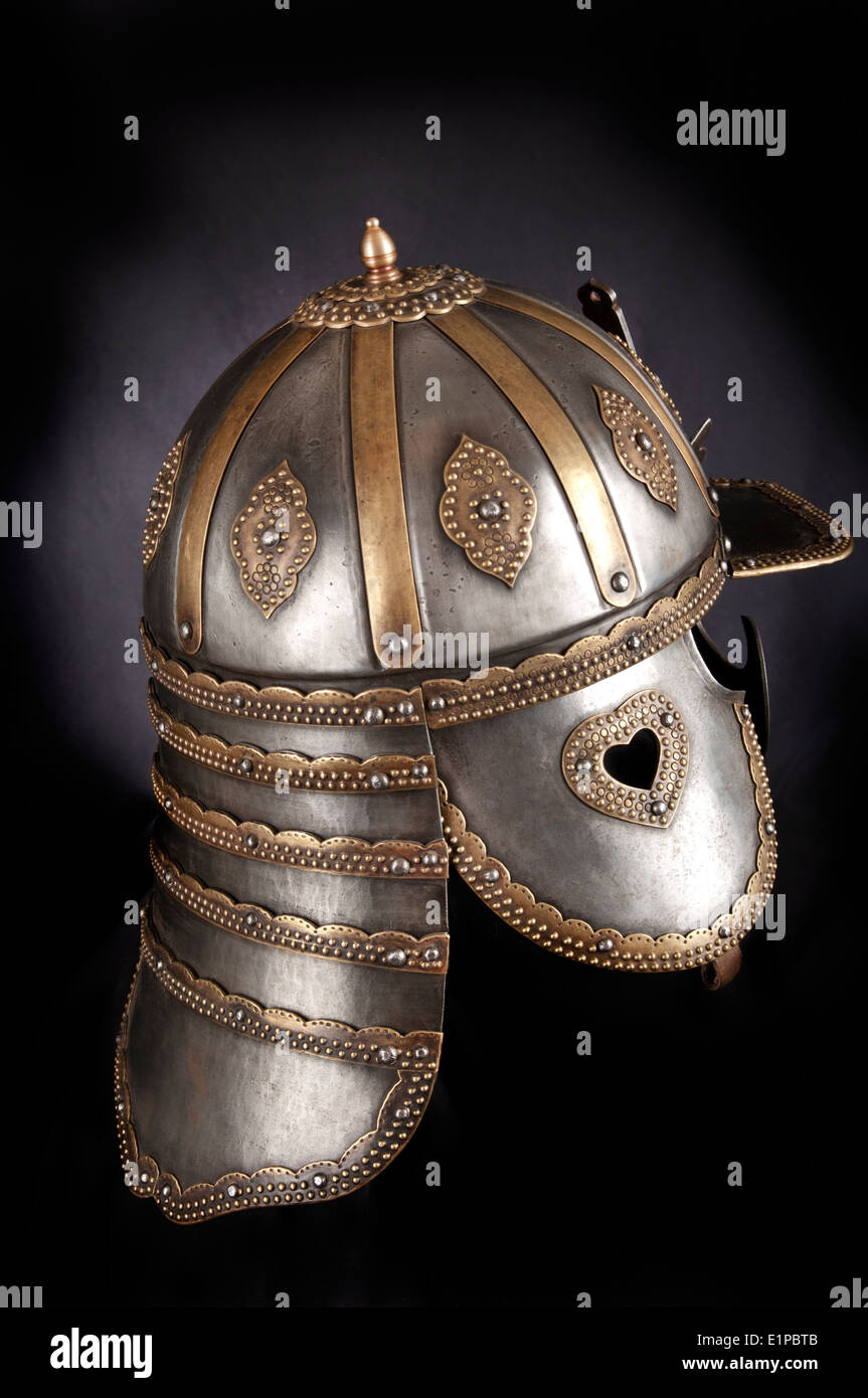 Iron helmet of the medieval knight. Very heavy headdress Stock Photo ...