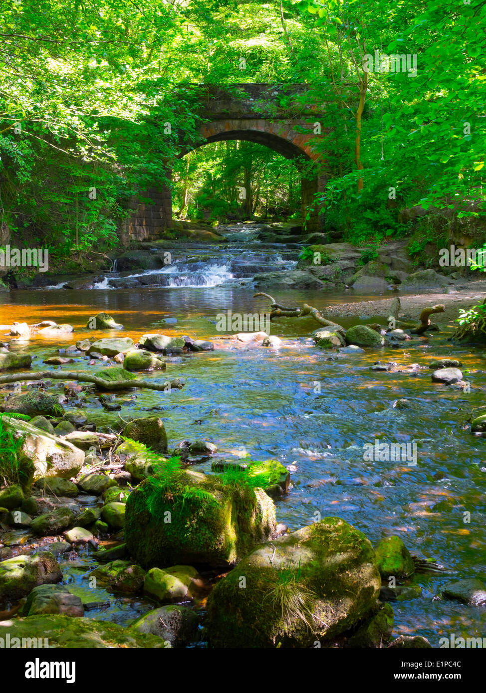 A substantially built stone arch bridge carrying a small track over May ...
