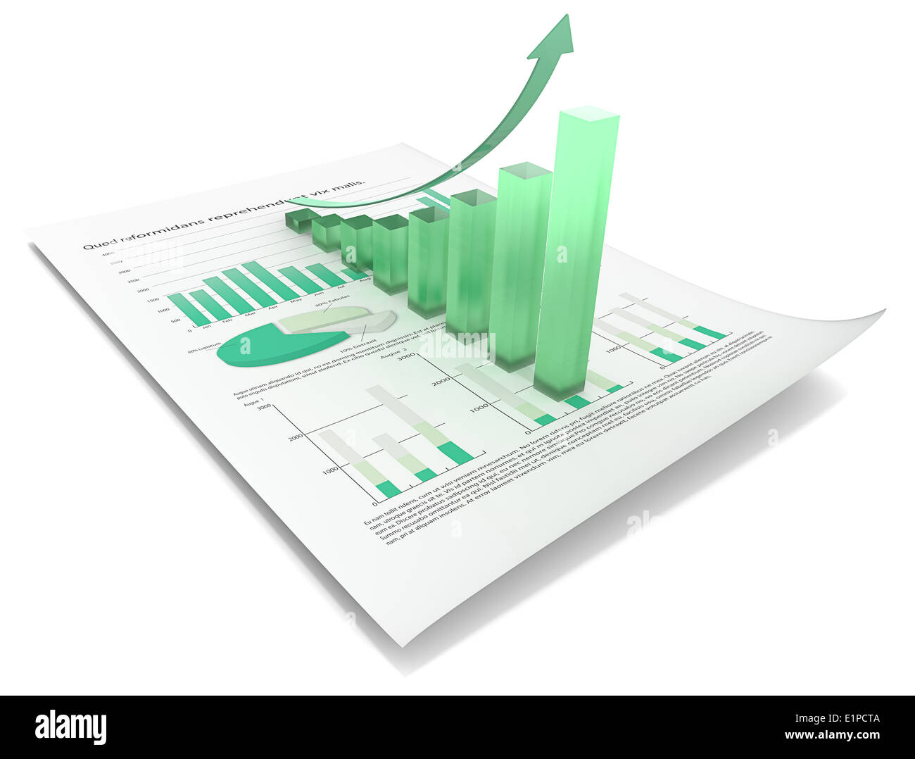 Abstract financial document with 3d graph of frosted glass. Green Stock ...