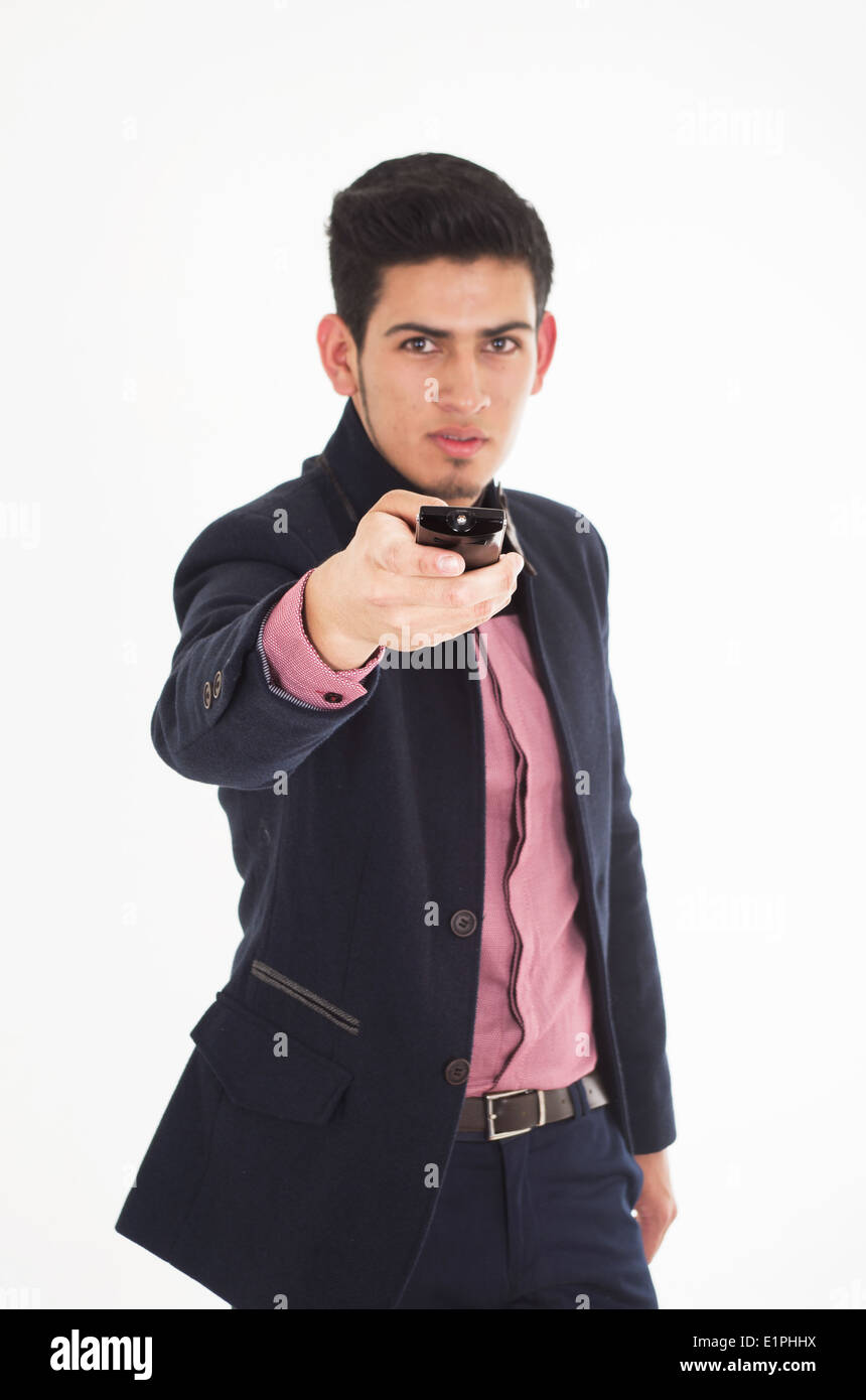 man with tv remote control in a suit Stock Photo - Alamy