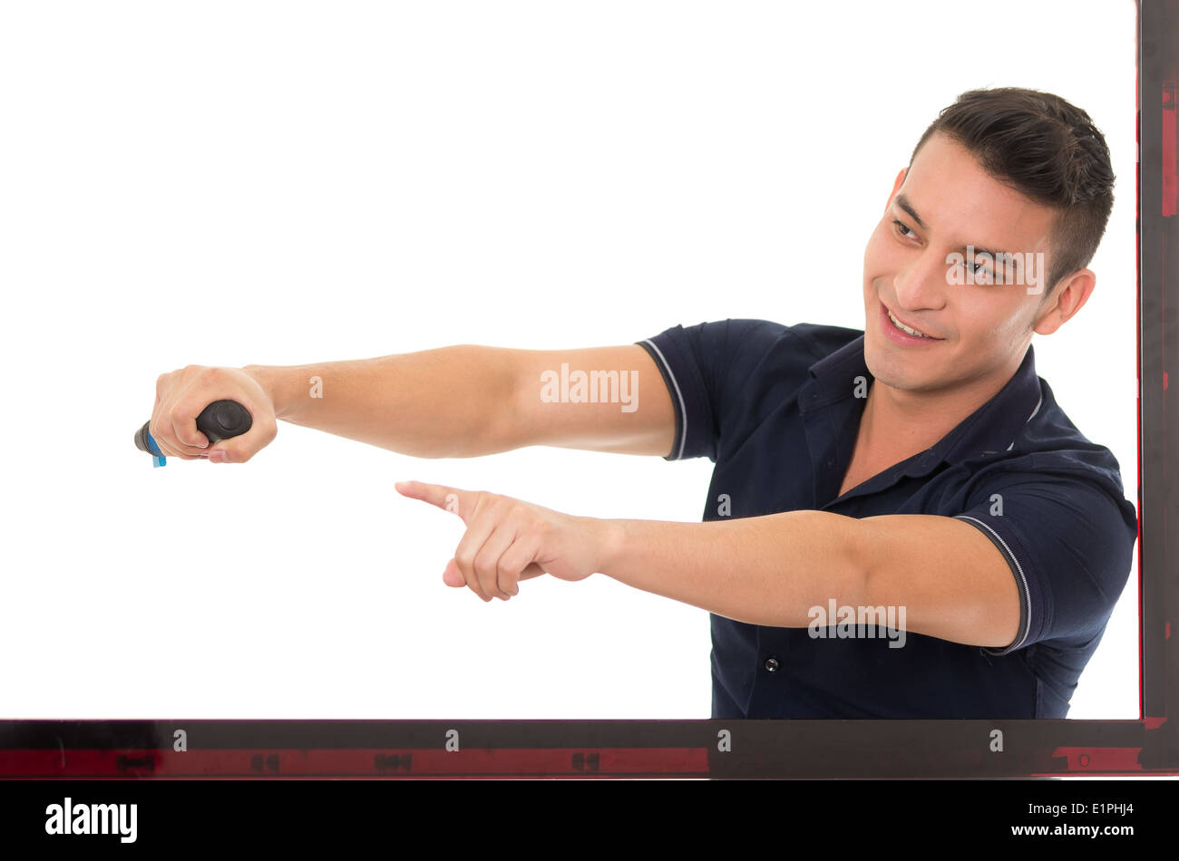 man posing as driving car pointing Stock Photo - Alamy