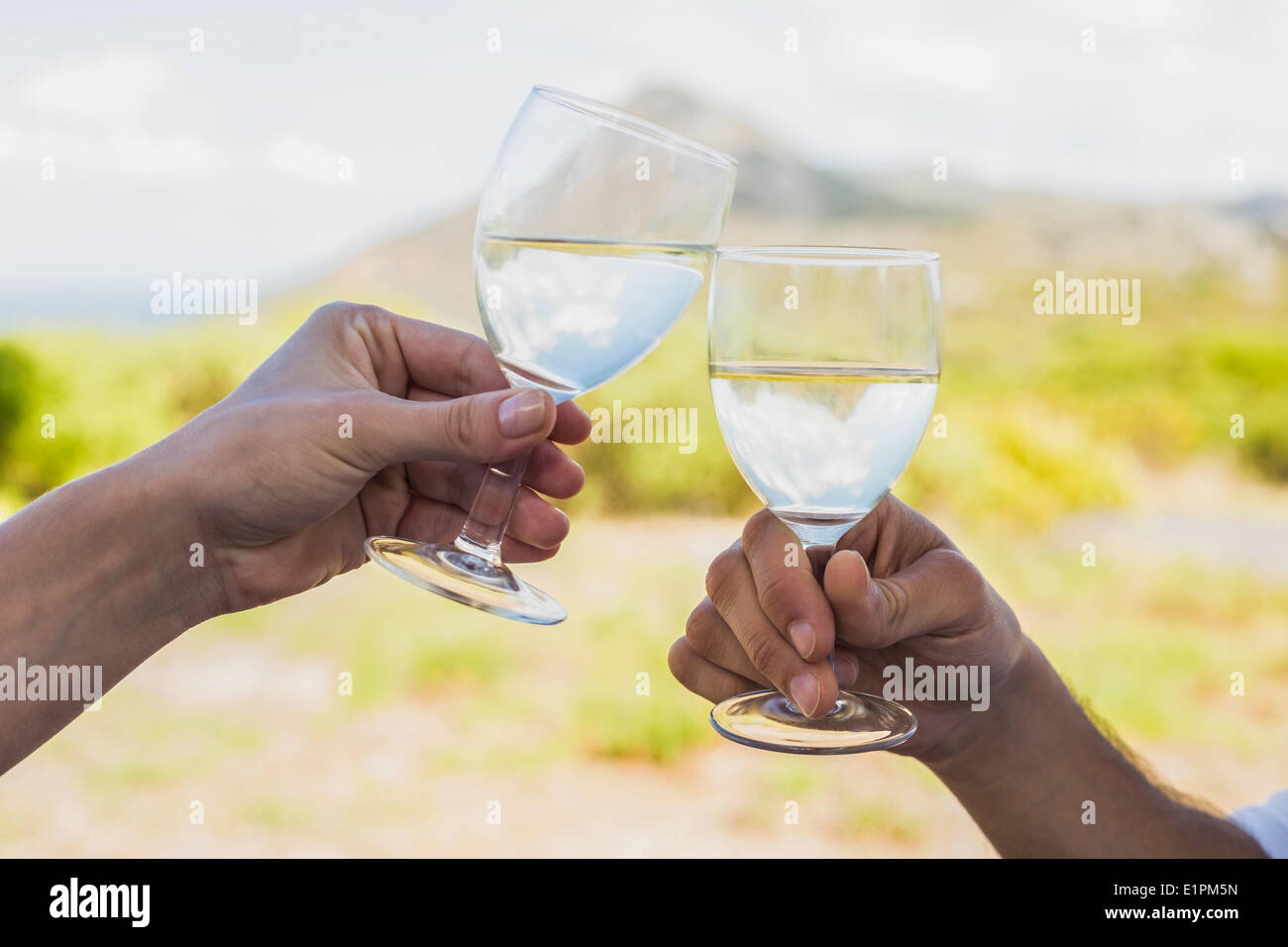 Couple clinking wine glasses outside Stock Photo - Alamy
