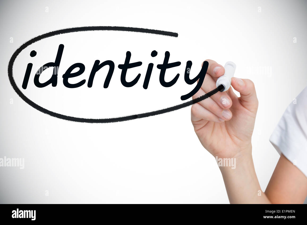 Businesswoman writing the word identity Stock Photo - Alamy