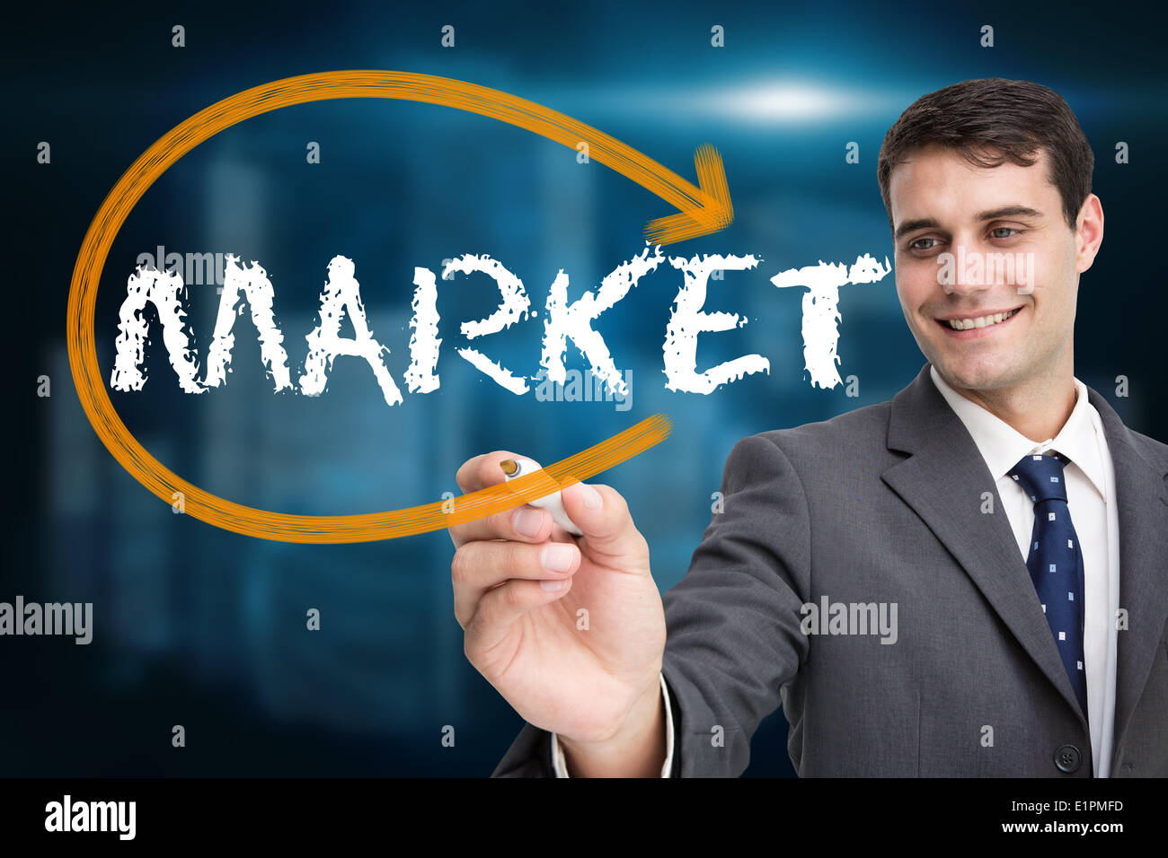 Businessman writing the word market Stock Photo - Alamy