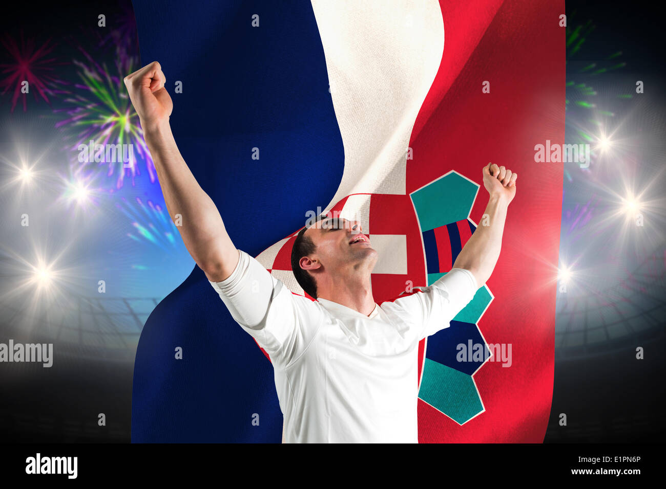 Composite image of excited football fan cheering Stock Photo - Alamy