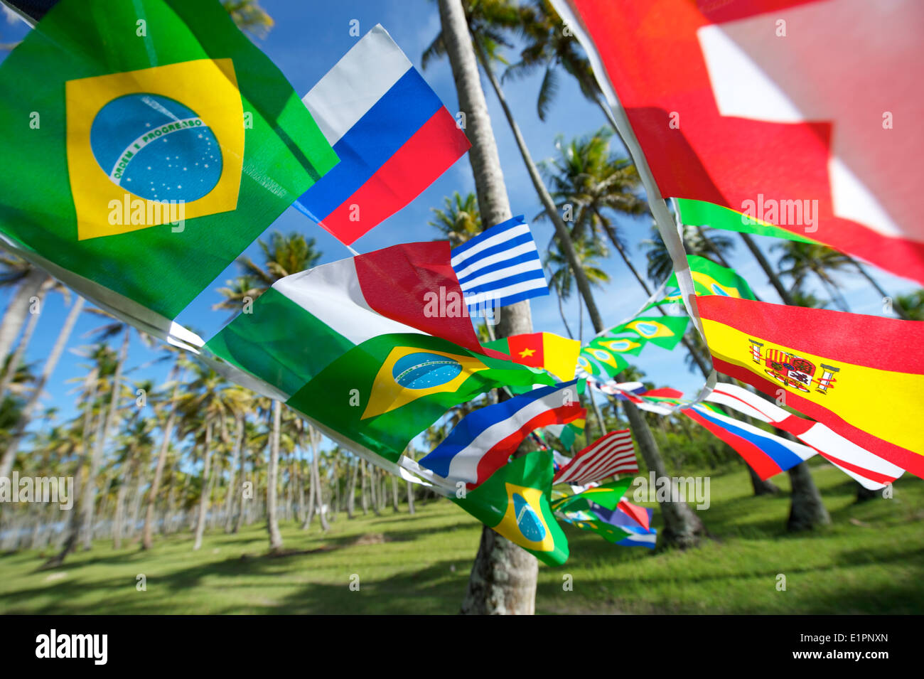 Brazilian and international flags bunting decoration blowing in ...