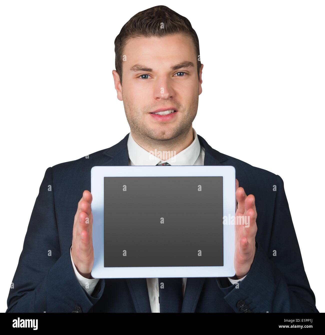 Businessman showing tablet pc screen Stock Photo - Alamy