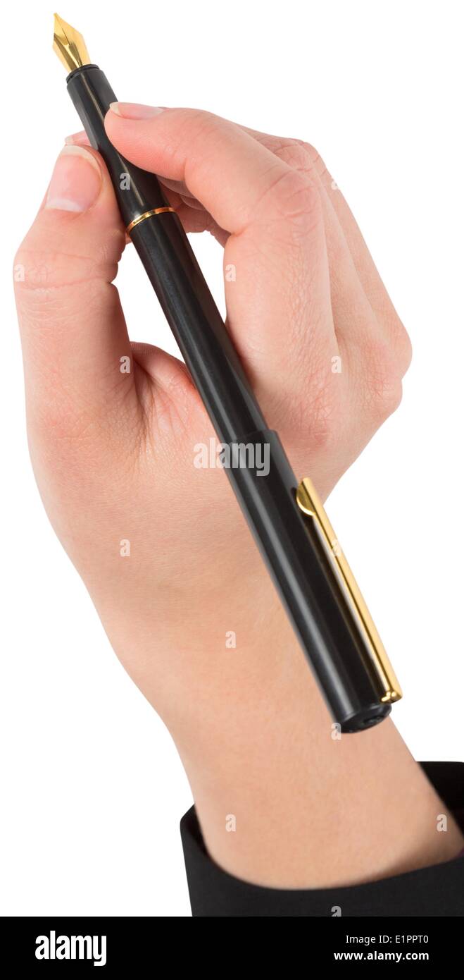 Businesswomans hand writing with fountain pen Stock Photo - Alamy