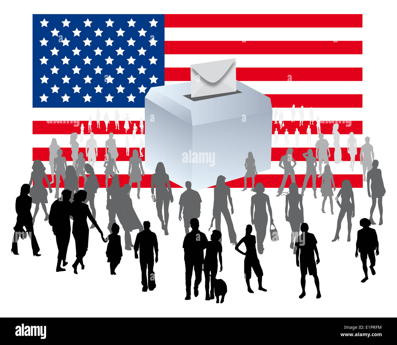 urn on an American flag with a crowd of people for democratic elections ...