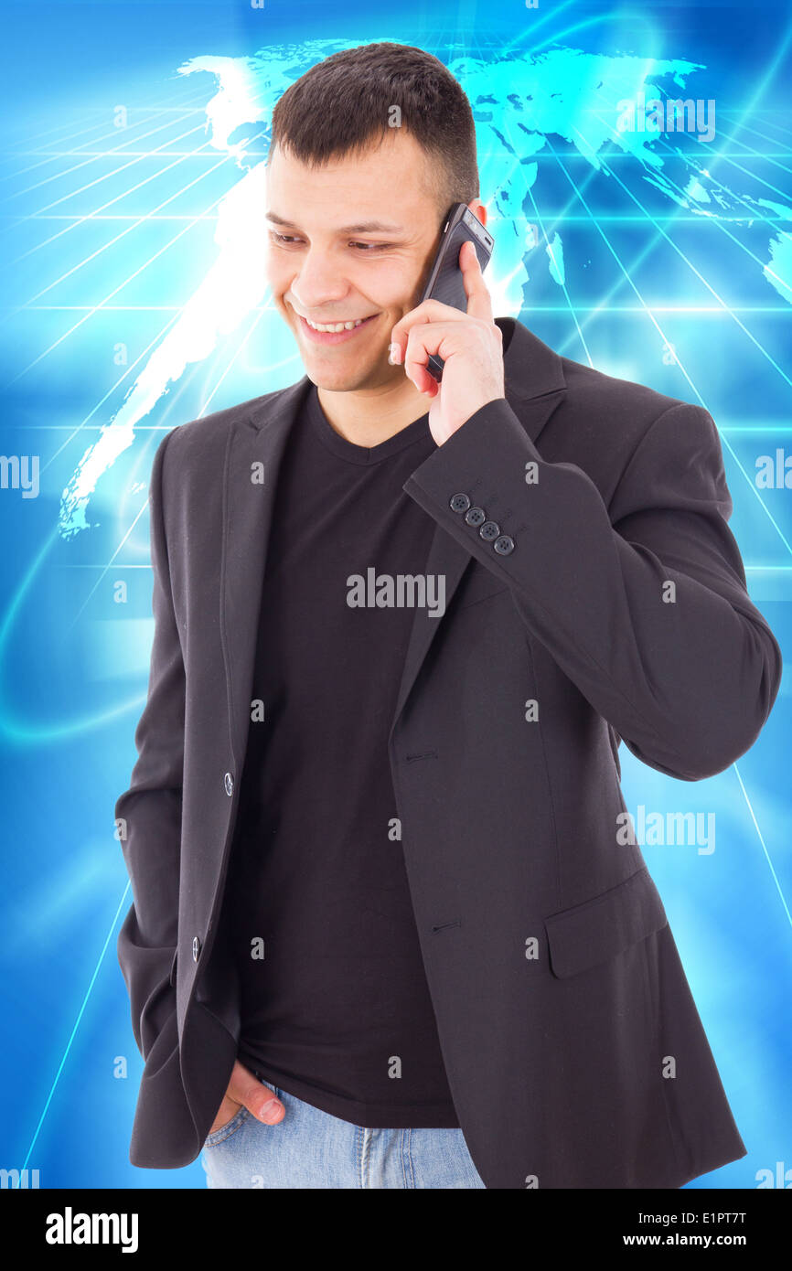 young man in a suit talking over mobile and smiling Stock Photo - Alamy