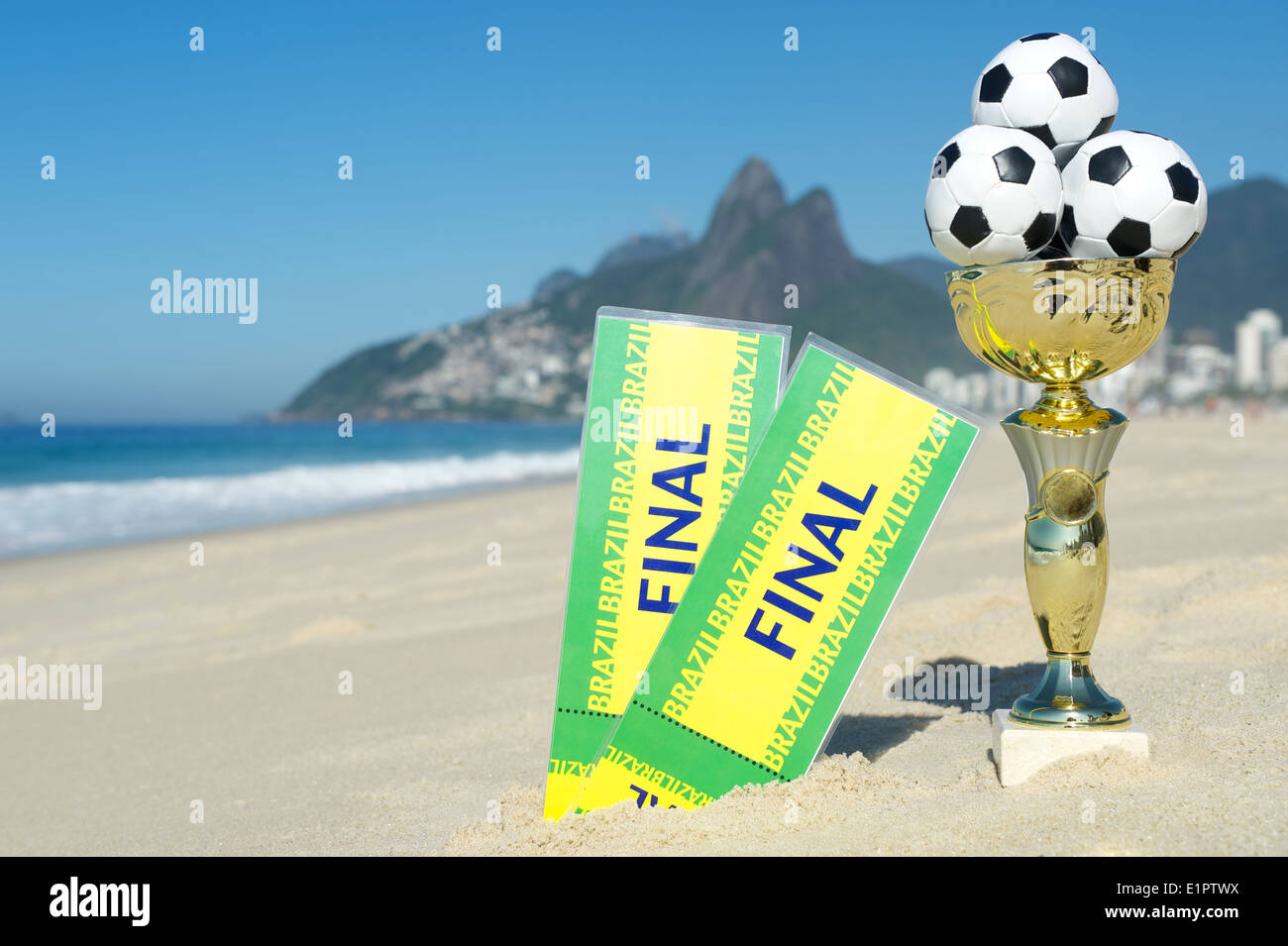 Brazil soccer champion trophy with final tickets Ipanema Beach Rio de ...