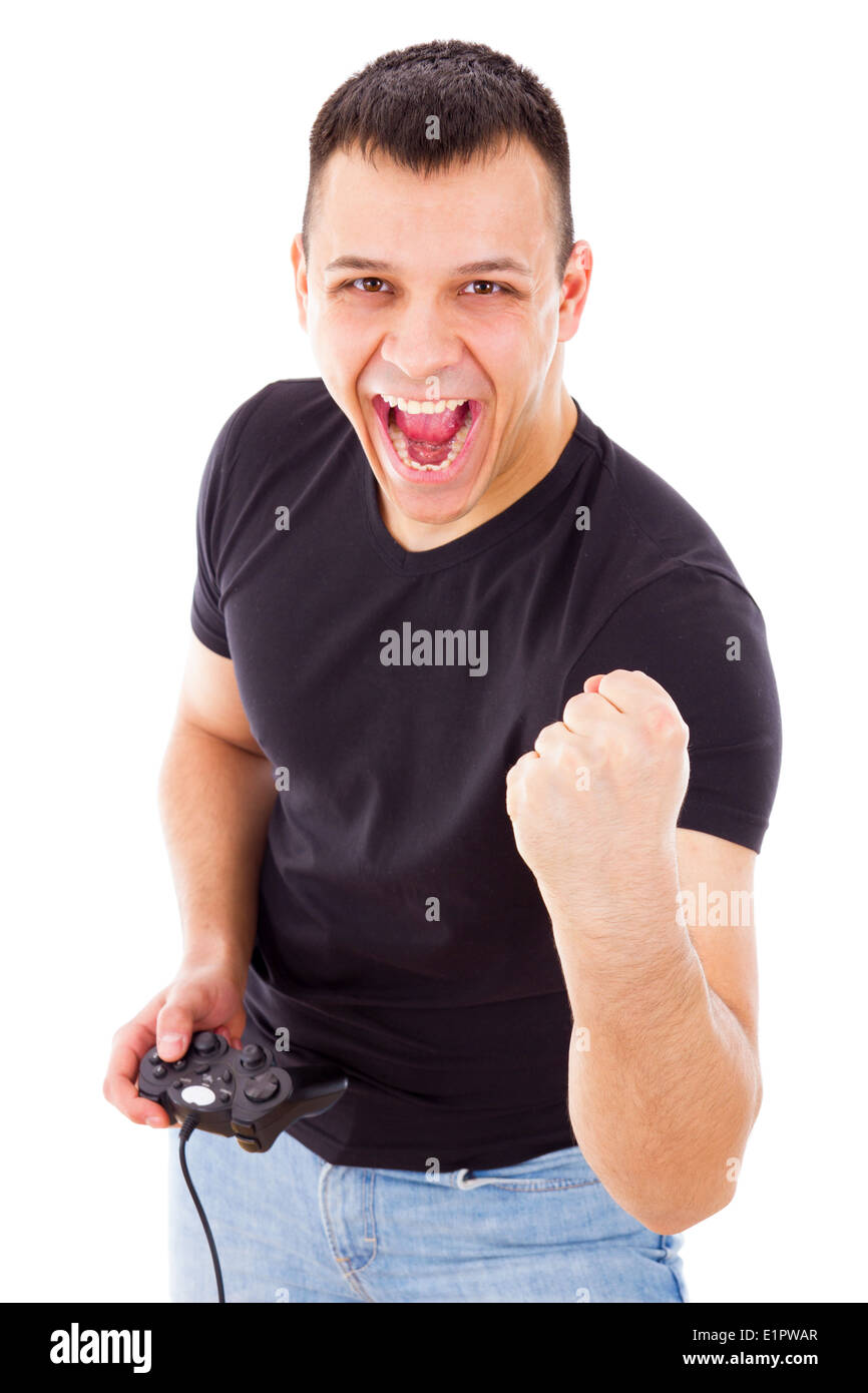 handsome man showing success playing video game with joystick Stock ...