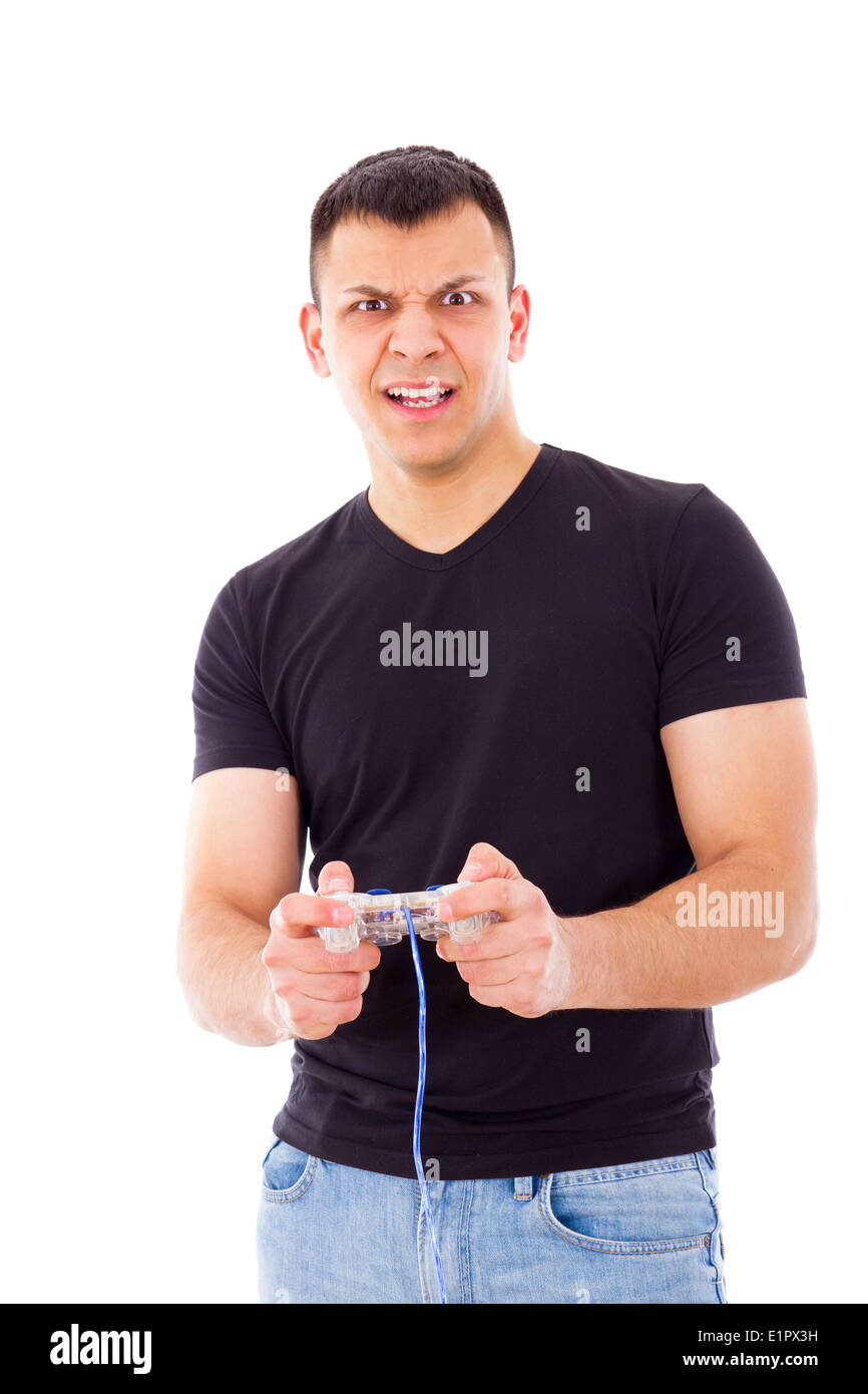 nervous young man playing computer video game with joystick Stock Photo ...