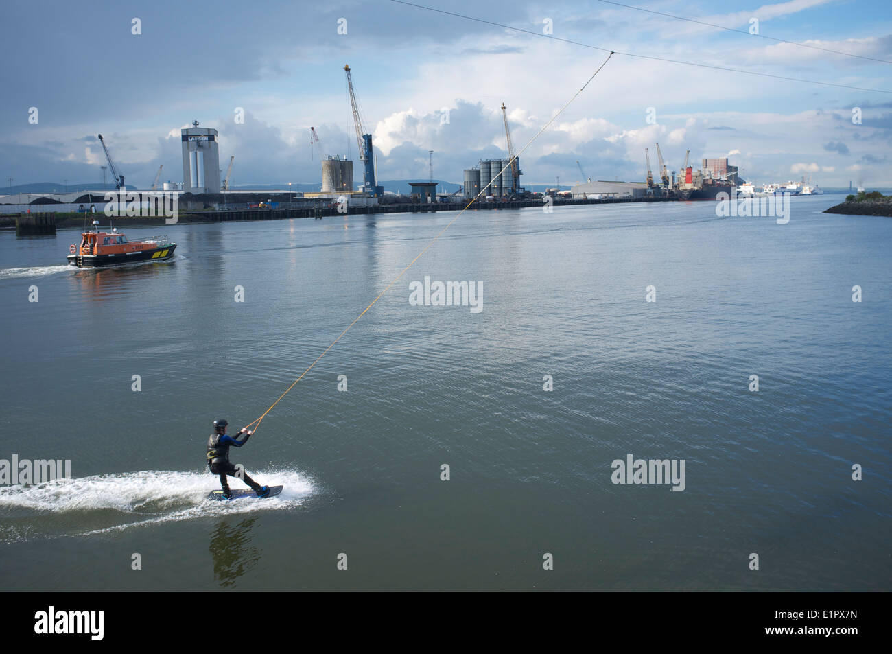 Powered wakeboard line in Belfast harbour Stock Photo - Alamy