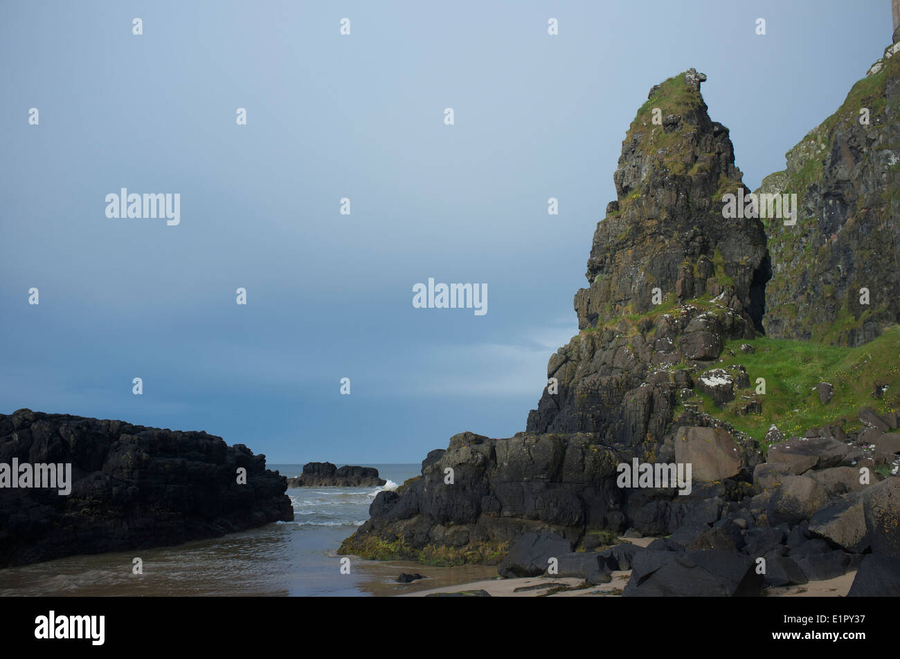 Downhill strand with a stack, on northern coast of Northern Ireland ...