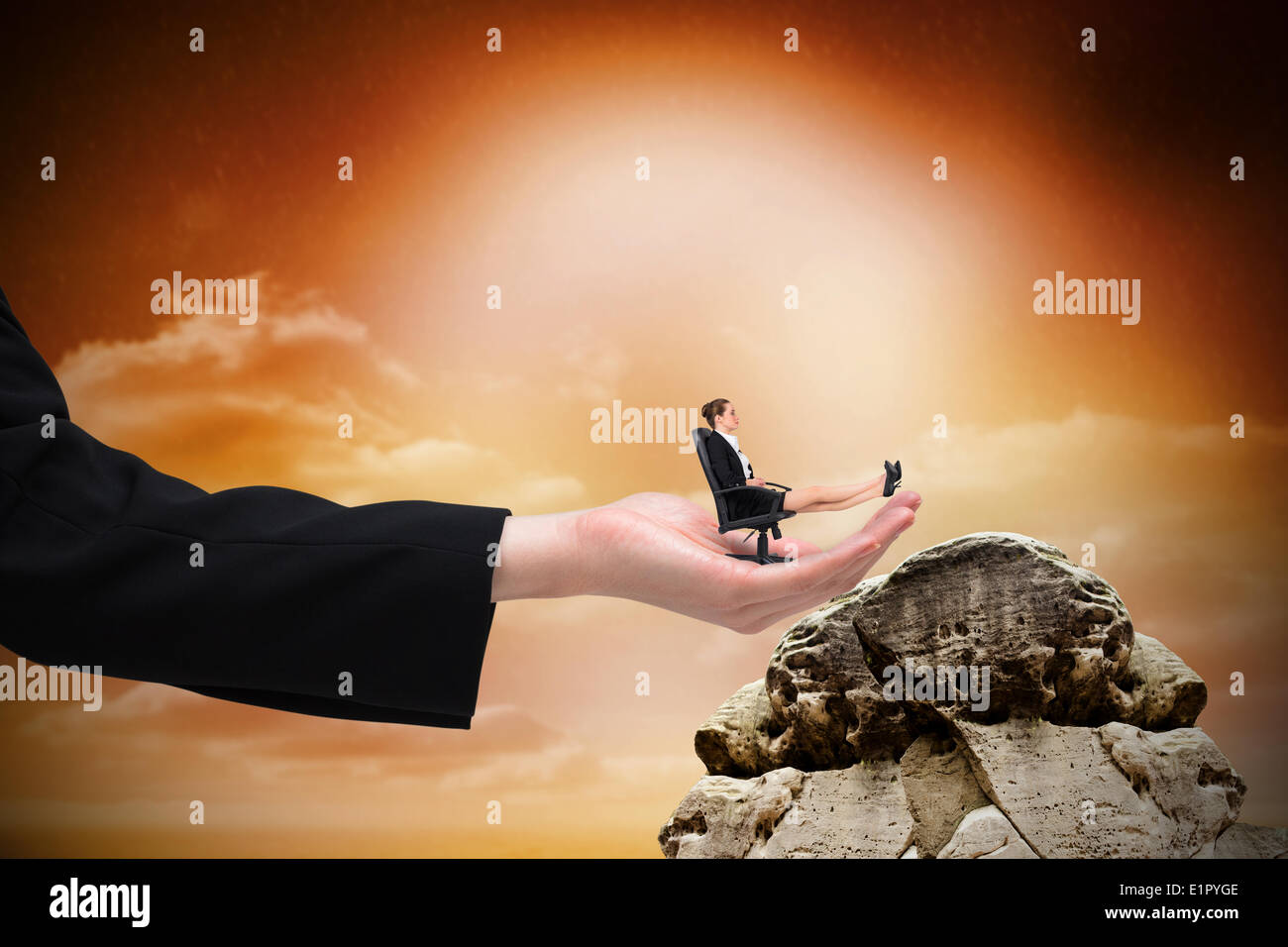 Composite image of businesswoman sitting on swivel chair with feet up ...