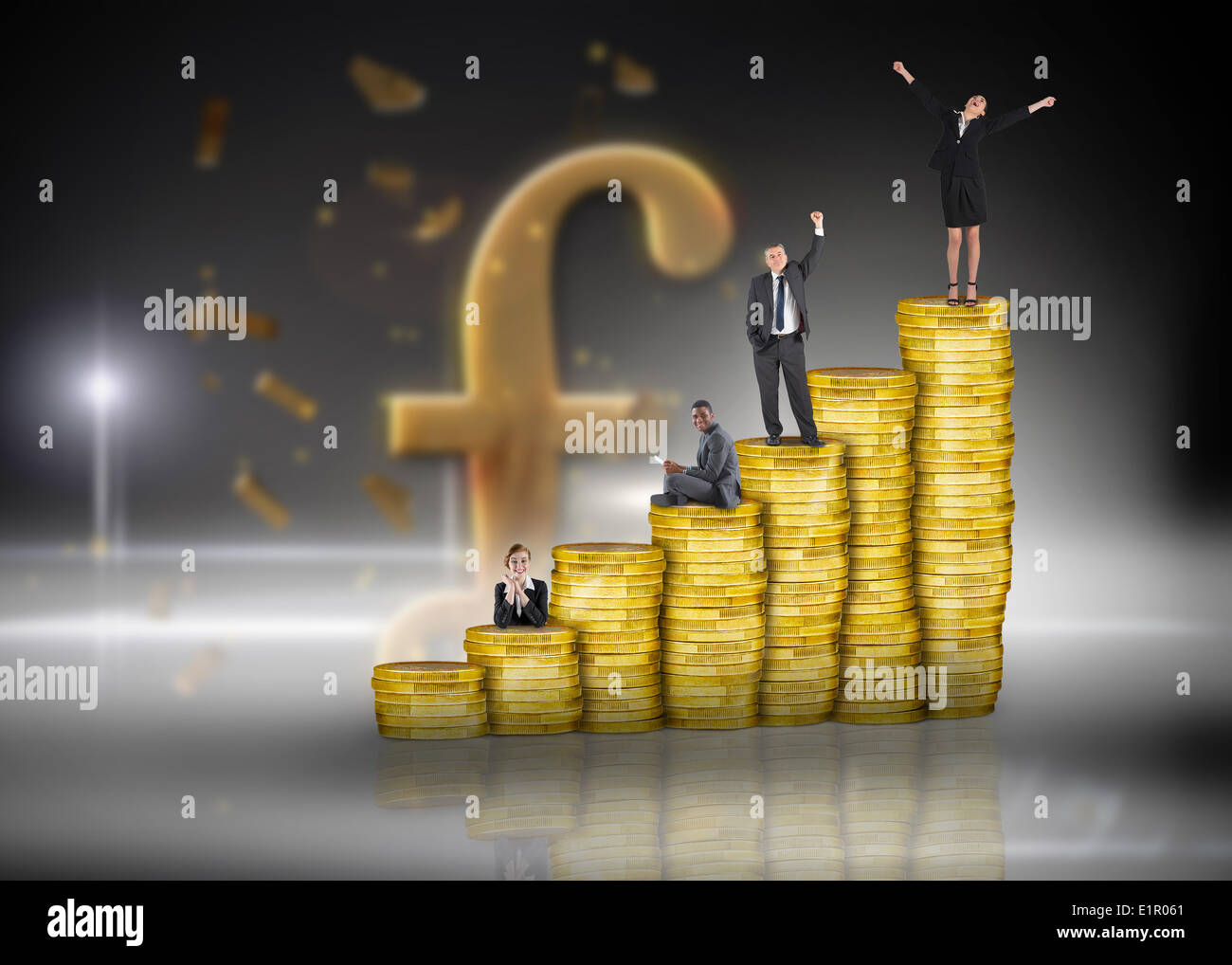 Composite image of business people on pile of coins Stock Photo - Alamy