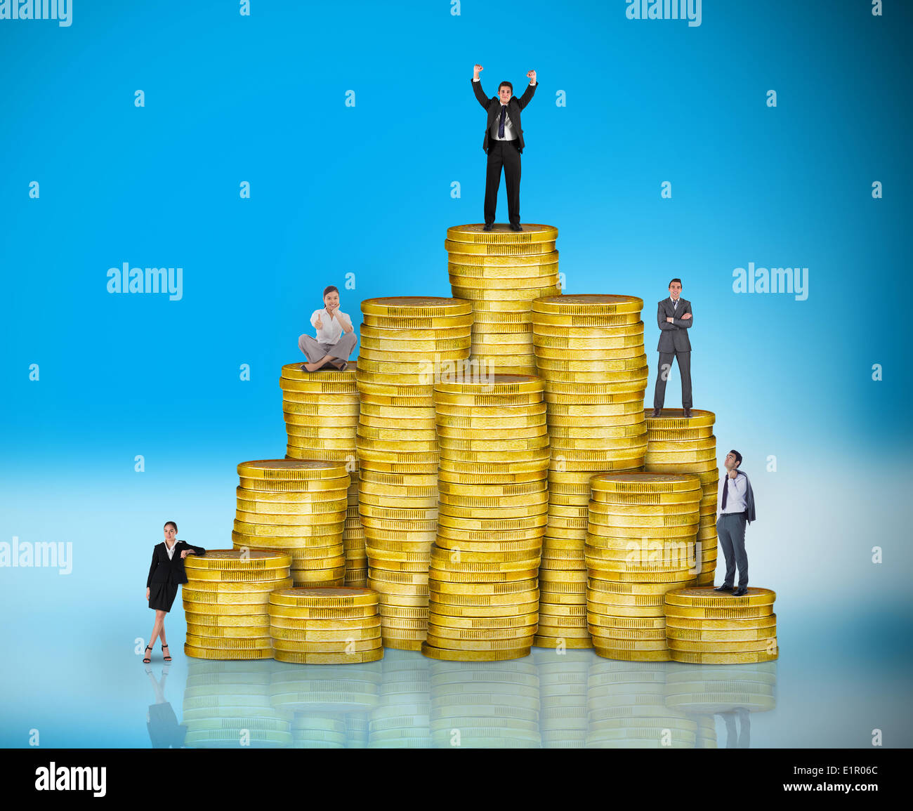 Composite image of business people on pile of coins Stock Photo - Alamy