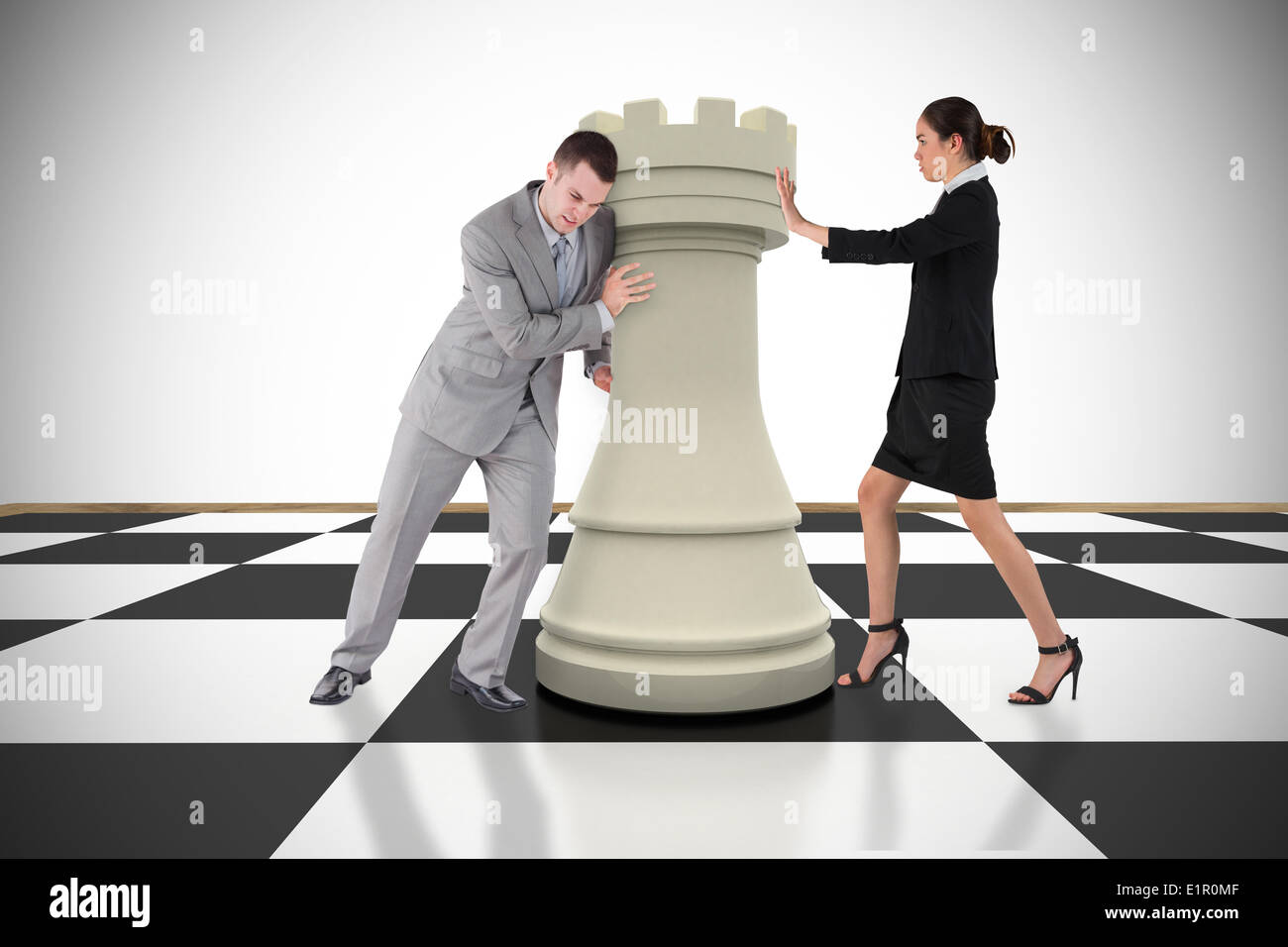 Composite image of businessman pushing away scene of cloudy sky ...