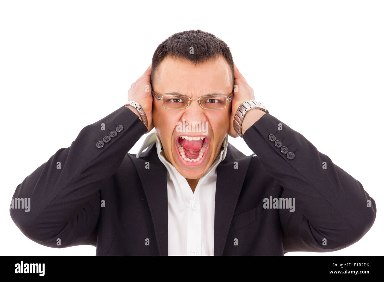 angry businessman with glasses in suit holding head, migraine Stock ...