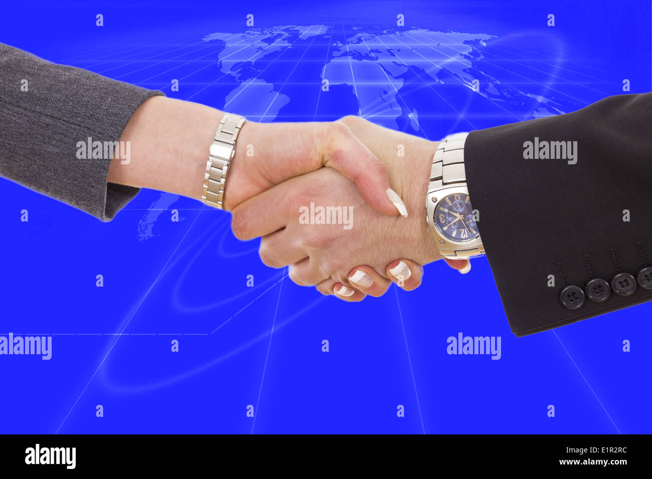 handshake between business people with blue global network planet map ...