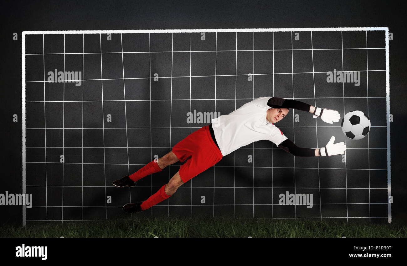 Fit goal keeper jumping up against portugal flag in grunge effect Stock ...