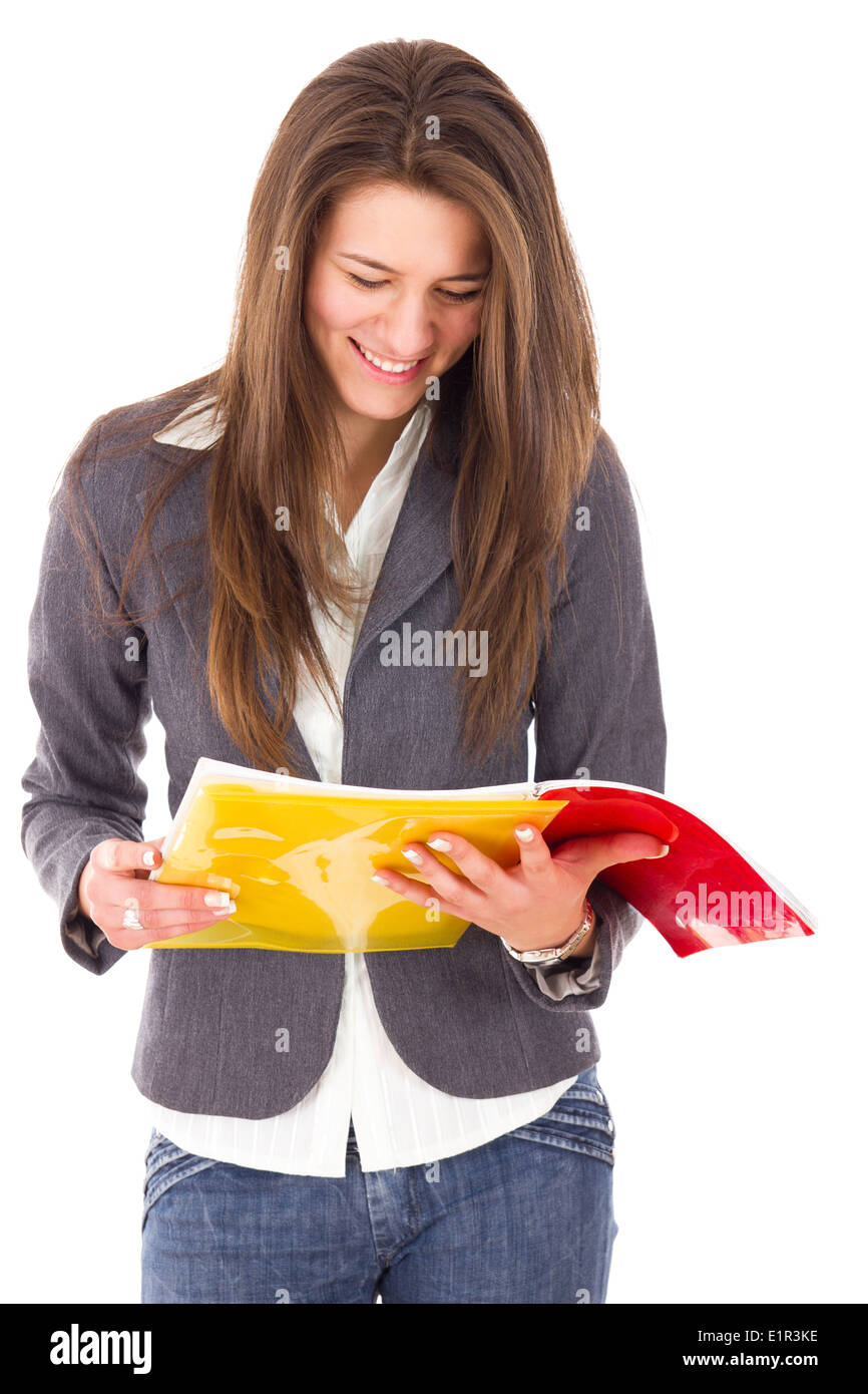 smiling pretty woman reading notes, isolated on white background Stock ...