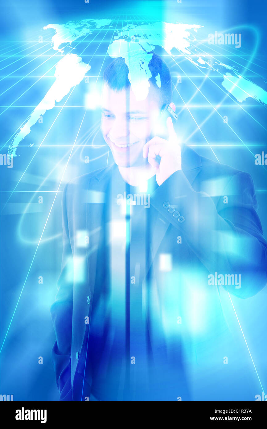 world of connections technology and communication, young casual man in ...