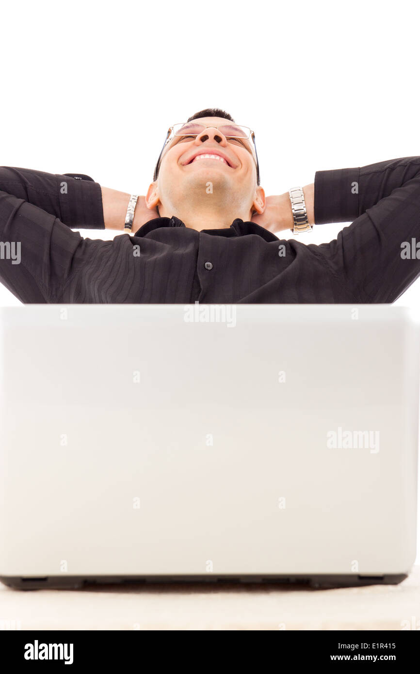 casual handsome man, winner with laptop, well done job Stock Photo - Alamy